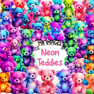 Neon Teddies Watercolor Clipart Bundle -148 PNG Fluorescent Teddy Bear ...