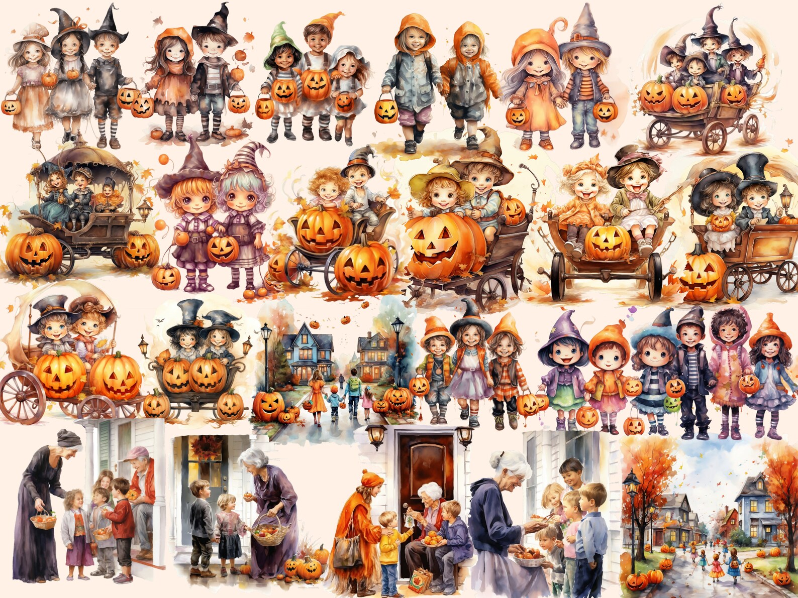 Watercolor Halloween Clipart Bundle: Trick or Treat Kids (217 PNG ...
