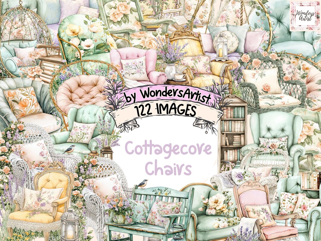 Cottagecore Chair Clipart Bundle: 122 Watercolor PNG Images (commercial ...