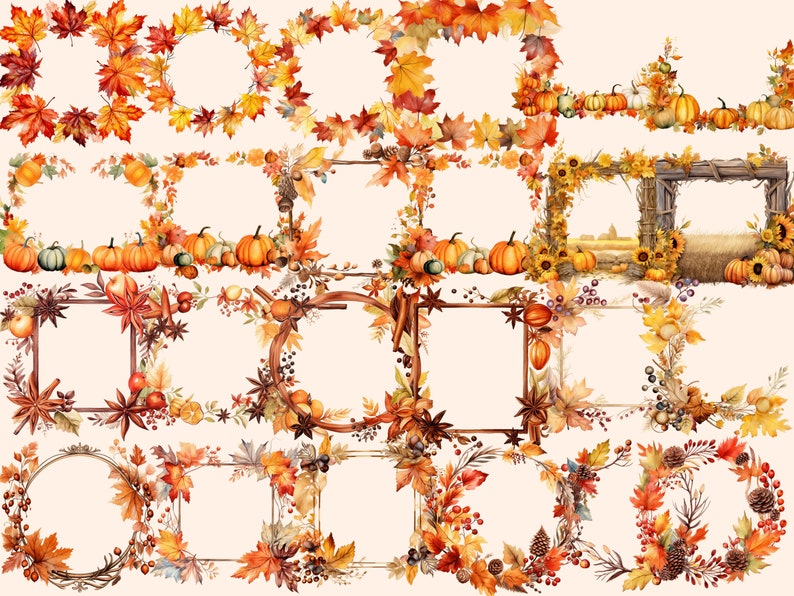 Watercolor Autumn Frames Clipart: 127 PNG Fall Floral Graphics (digital ...