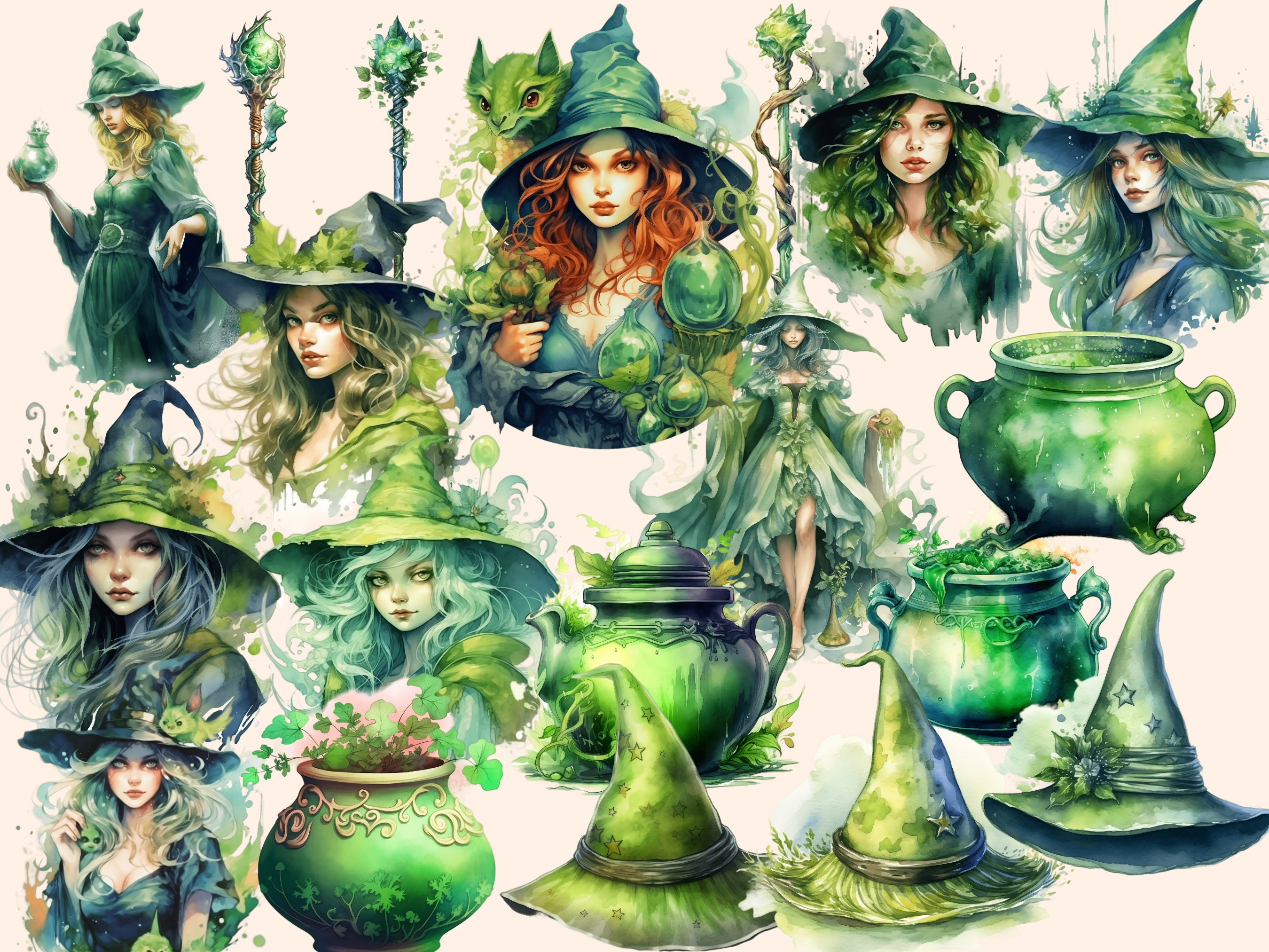 Green Witches Watercolor Clipart Bundle 108 PNG Fairytale - Etsy