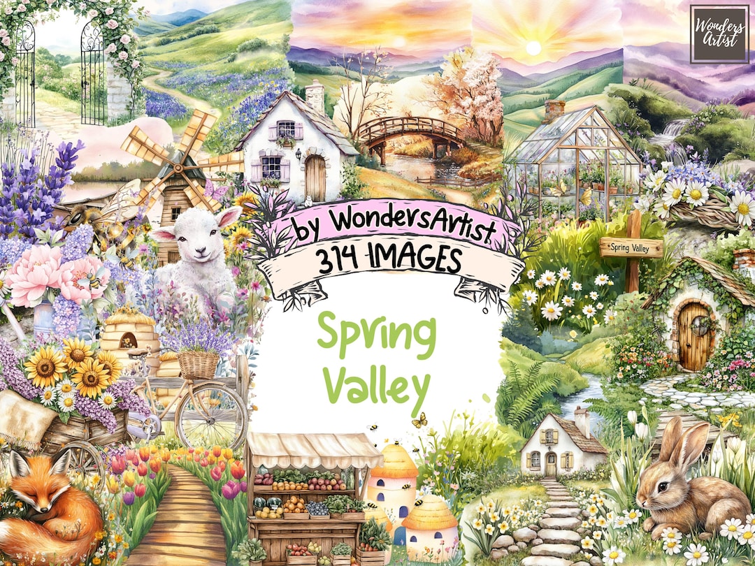 Spring Valley Watercolor Clipart - 314 PNG Scenic Landscape Graphics ...