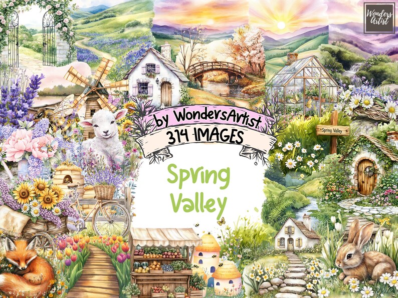 Watercolor Spring Valley Clipart: 314 PNG Landscape Graphics (digital ...
