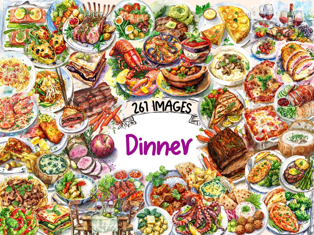 Dinner Meals Watercolor Clipart Bundle - 261 PNG Evening Meal Images ...