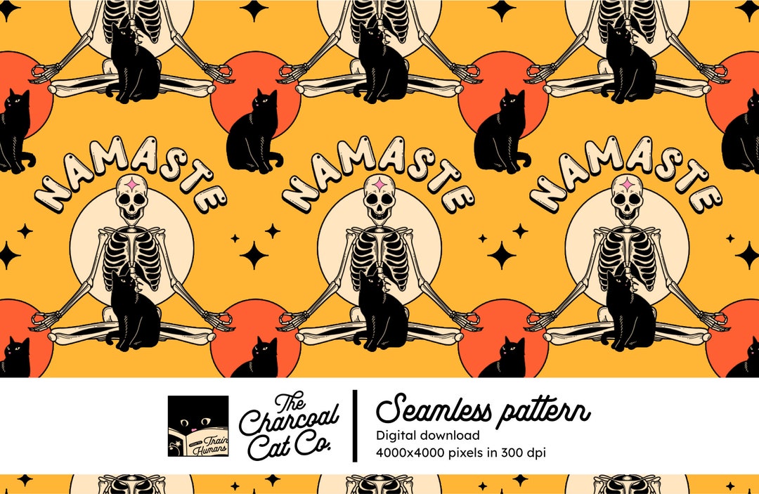 Yoga Namaste Black Cat Seamless Pattern in Yellow Instant Download ...
