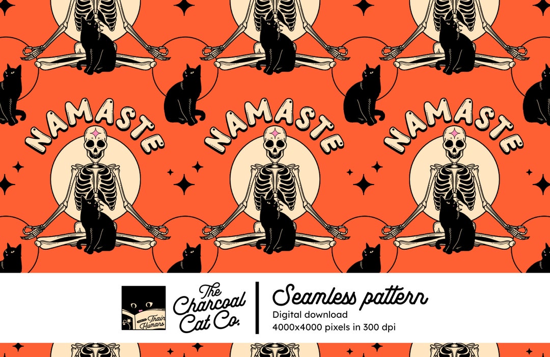 Yoga Namaste Black Cat Seamless Pattern in Orange Instant Download ...
