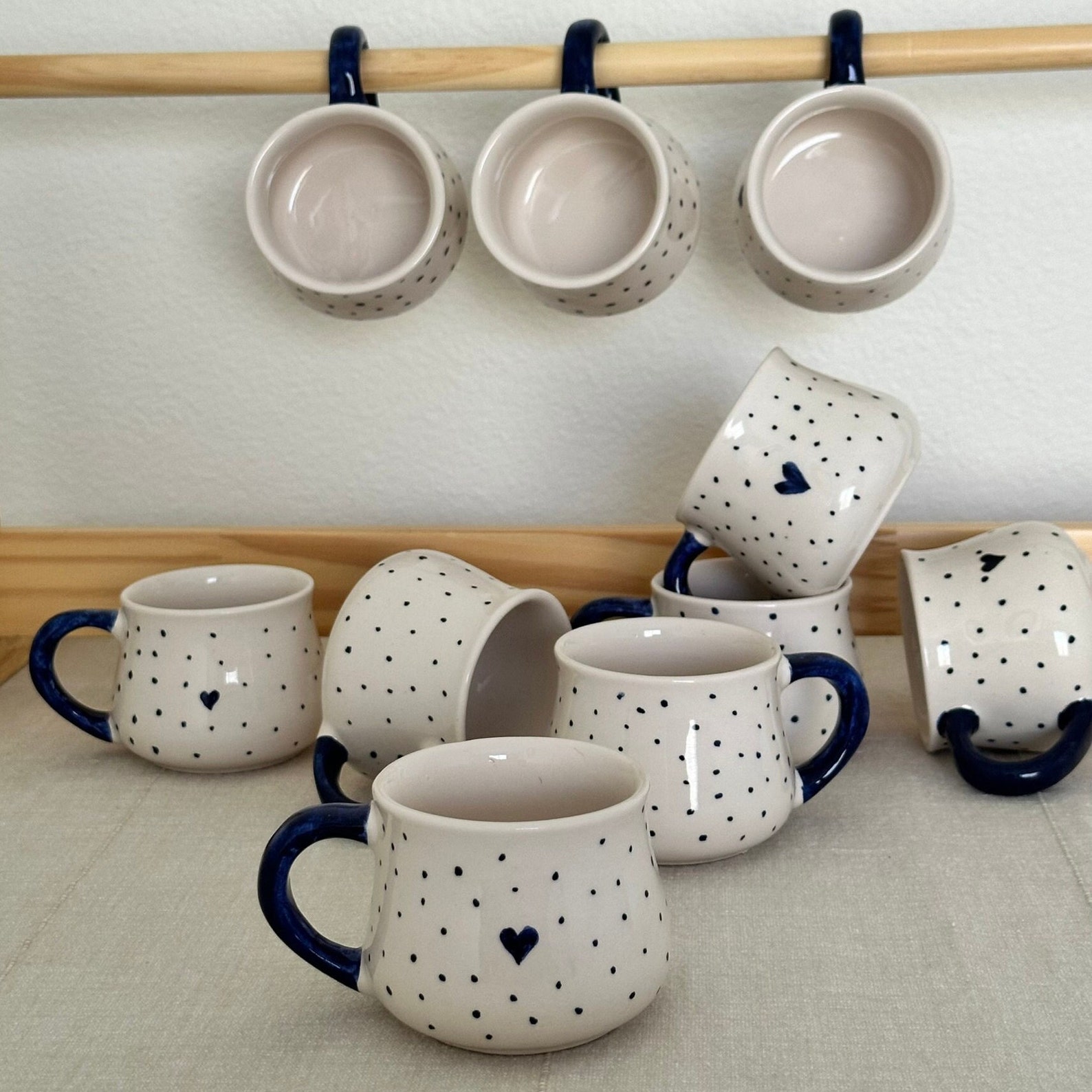 Handmade Navy Polka Dot and Heart Pattern Coffee Mug, Sweetheart Sip ...