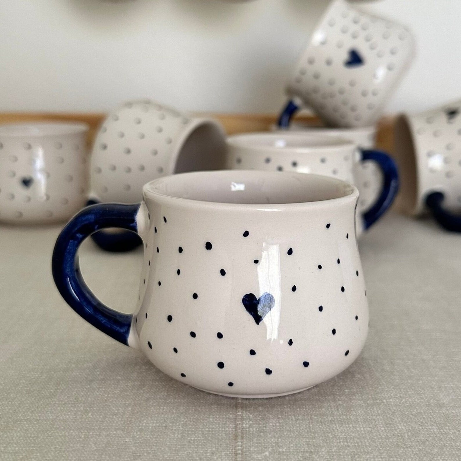 Handmade Navy Polka Dot and Heart Pattern Coffee Mug, Sweetheart Sip ...