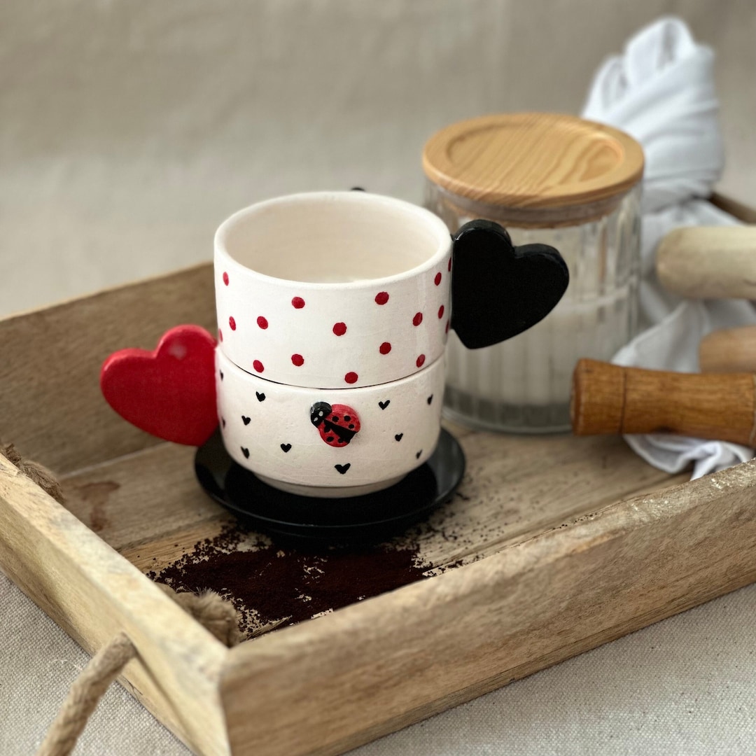 2 Pair Handmade Ceramic Heart Handle Mug Set, Two Pair Mug Set ...
