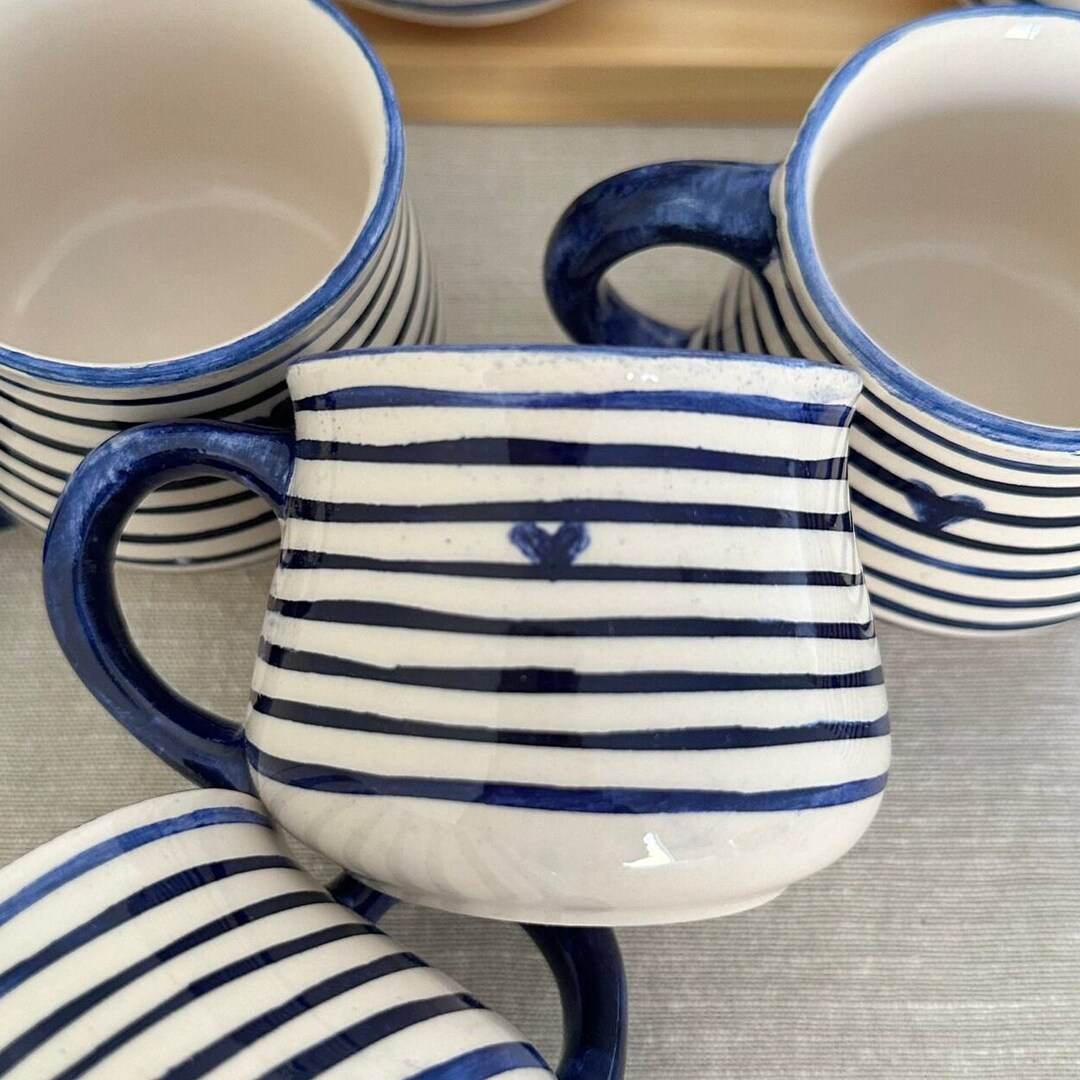 Handmade Navy Line With Heart Pattern Coffee, Tea or Espresso Mug ...