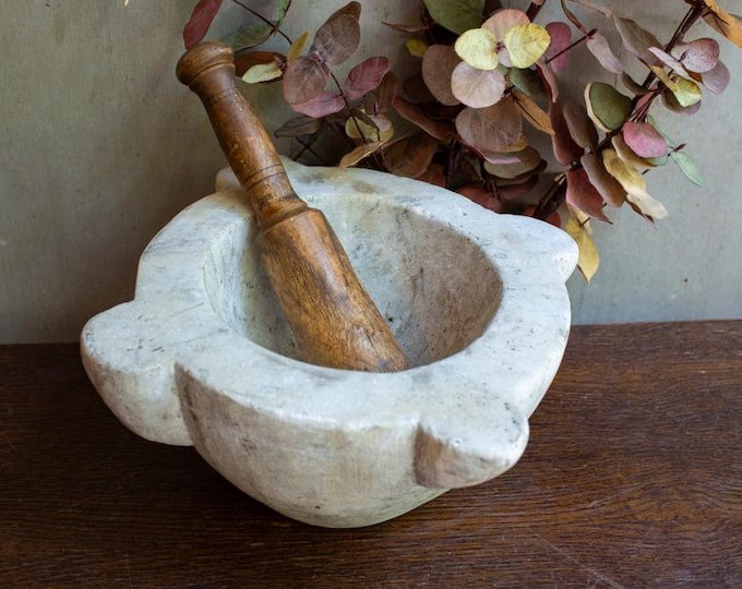Antique Marble Mortar With Wood Pestle / White French Mortar / Gray ...