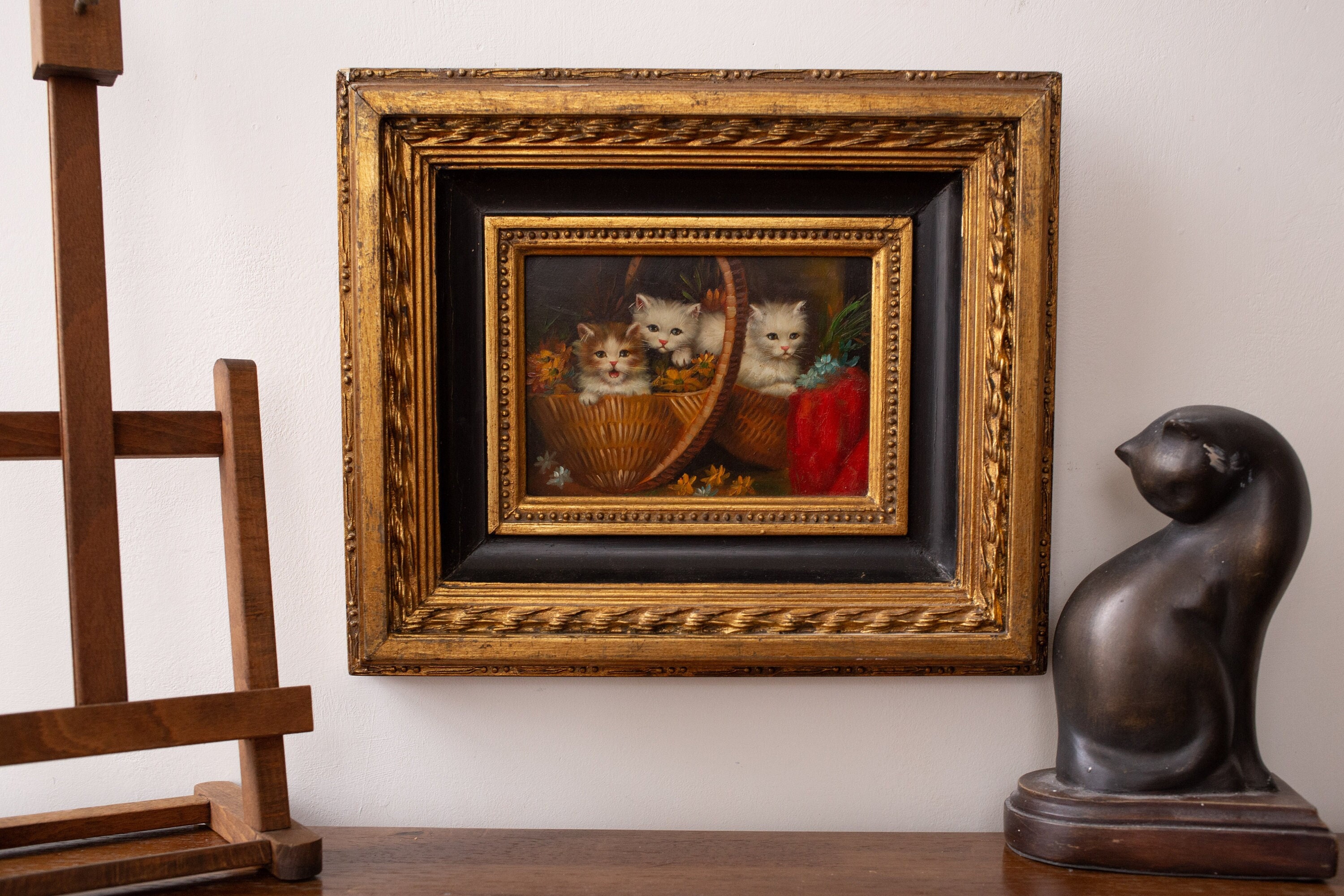Antique Cat Painting in Gold Frame / Original French Oil Painting ...