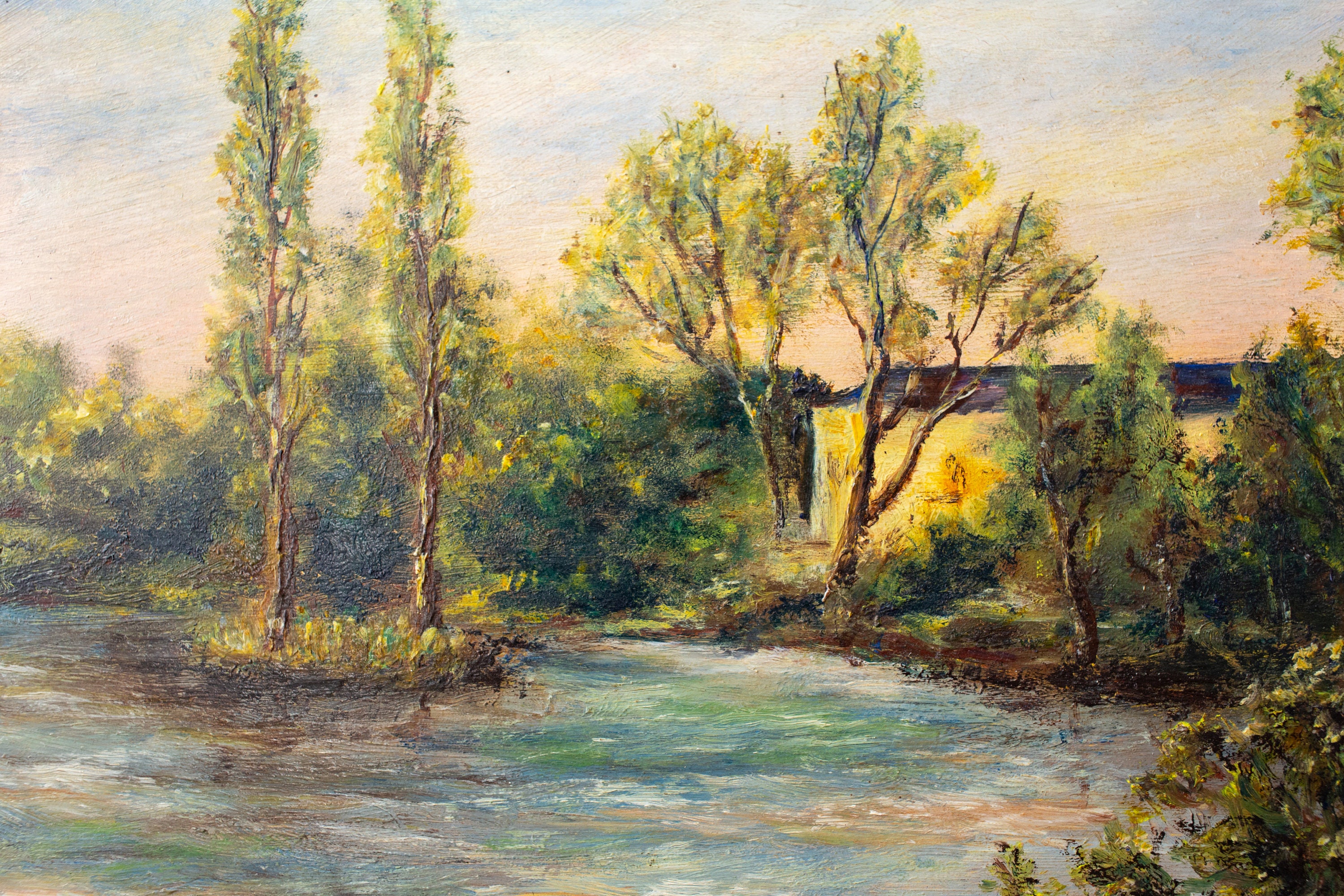 Small Vintage French Landscape of House Along the River / Original ...