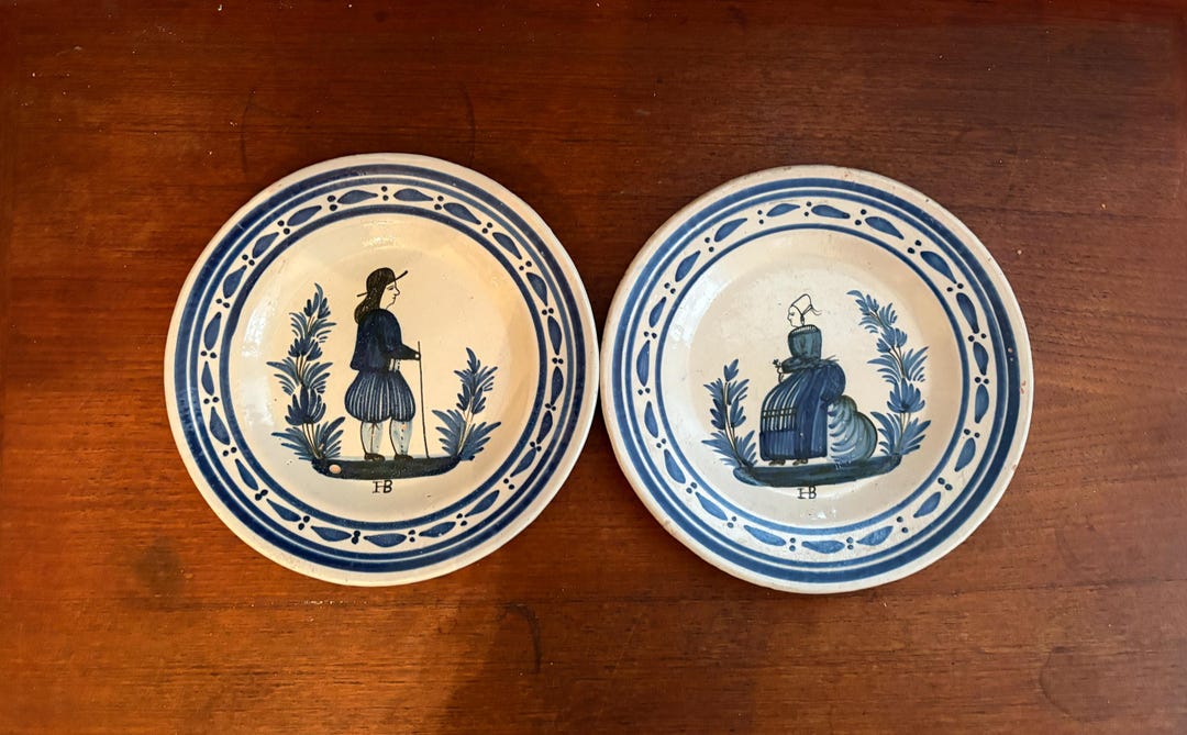 RARE / Pair of Antique Blue and White Quimper Plates / Vintage White ...