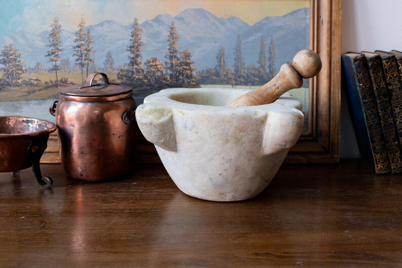 Antique Marble Mortar With Wood Pestle / 19th Century French Kitchenware / Authentic Vintage ...