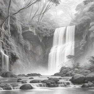 Desktop Wallpaper - Waterfall Scene J, Black and White - Etsy