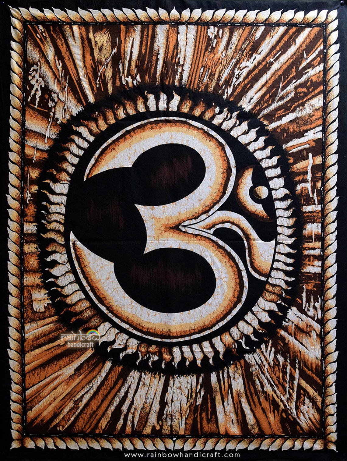 Hindu Om Sign Tapestry Batik Aum Wall Hanging Ohm Poster Indian Chakra ...
