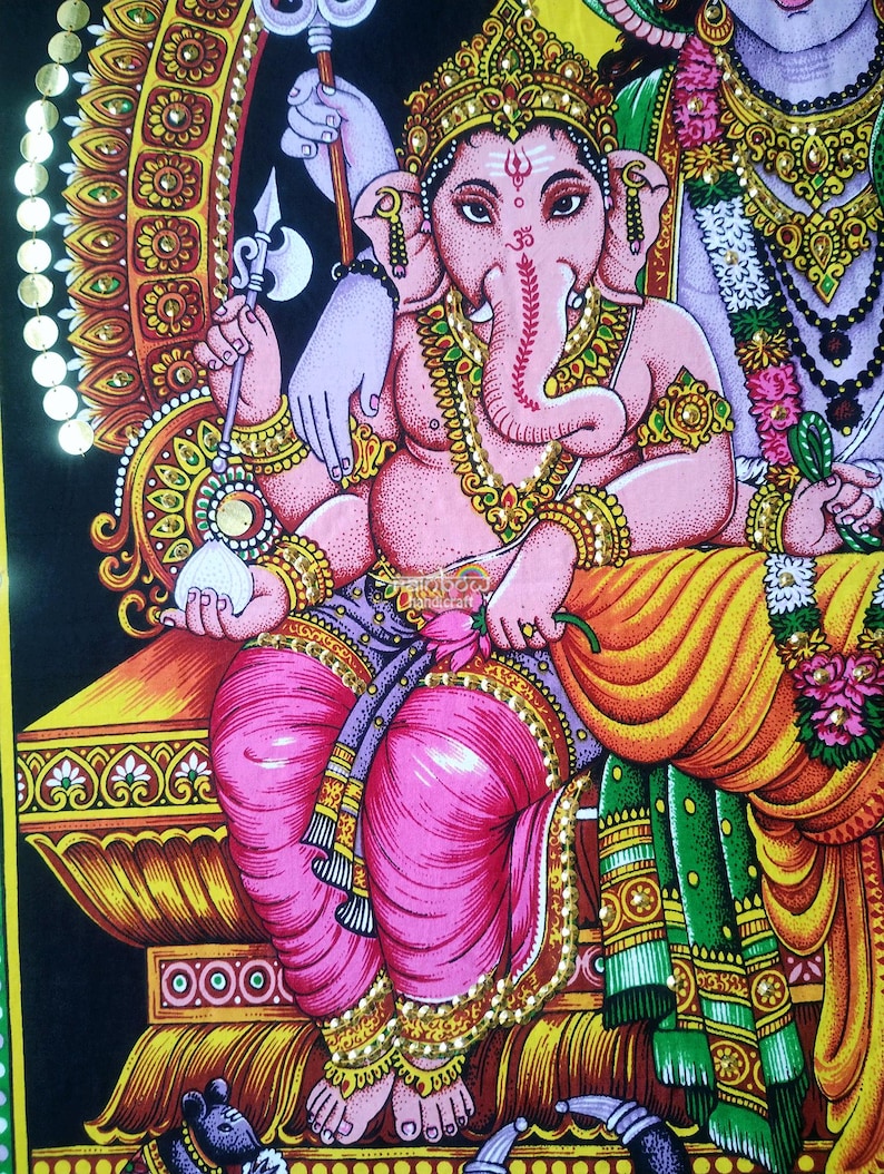 Hindu Lord Shiva Family Tapestry God Shiv Ganesh Parvati Sequin Hanging ...