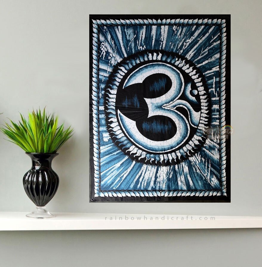 Hindu Om Sign Tapestry Batik Aum Wall Hanging Ohm Poster Indian Chakra ...