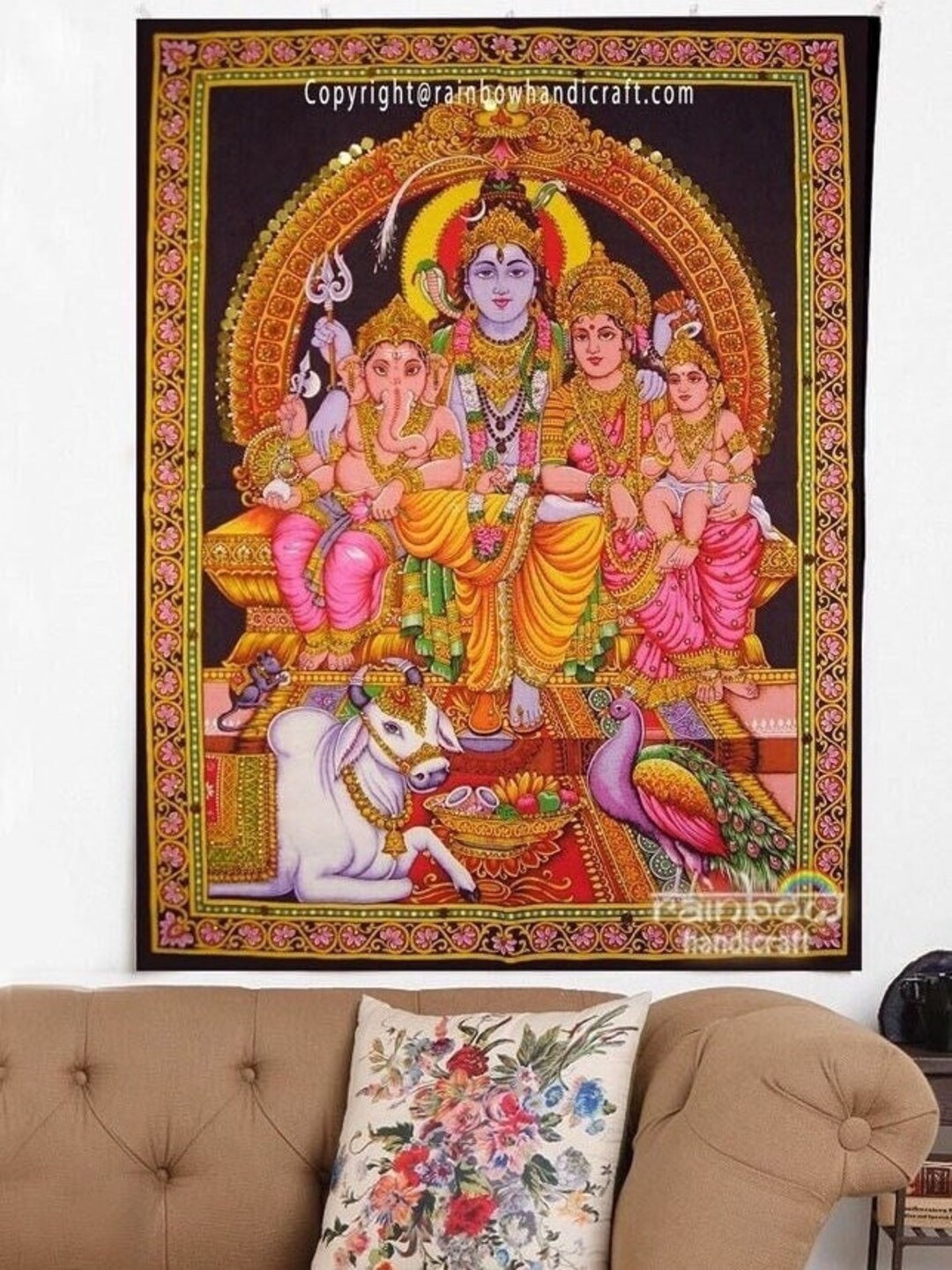 Hindu Lord Shiva Family Tapestry God Shiv Ganesh Parvati Sequin Hanging ...
