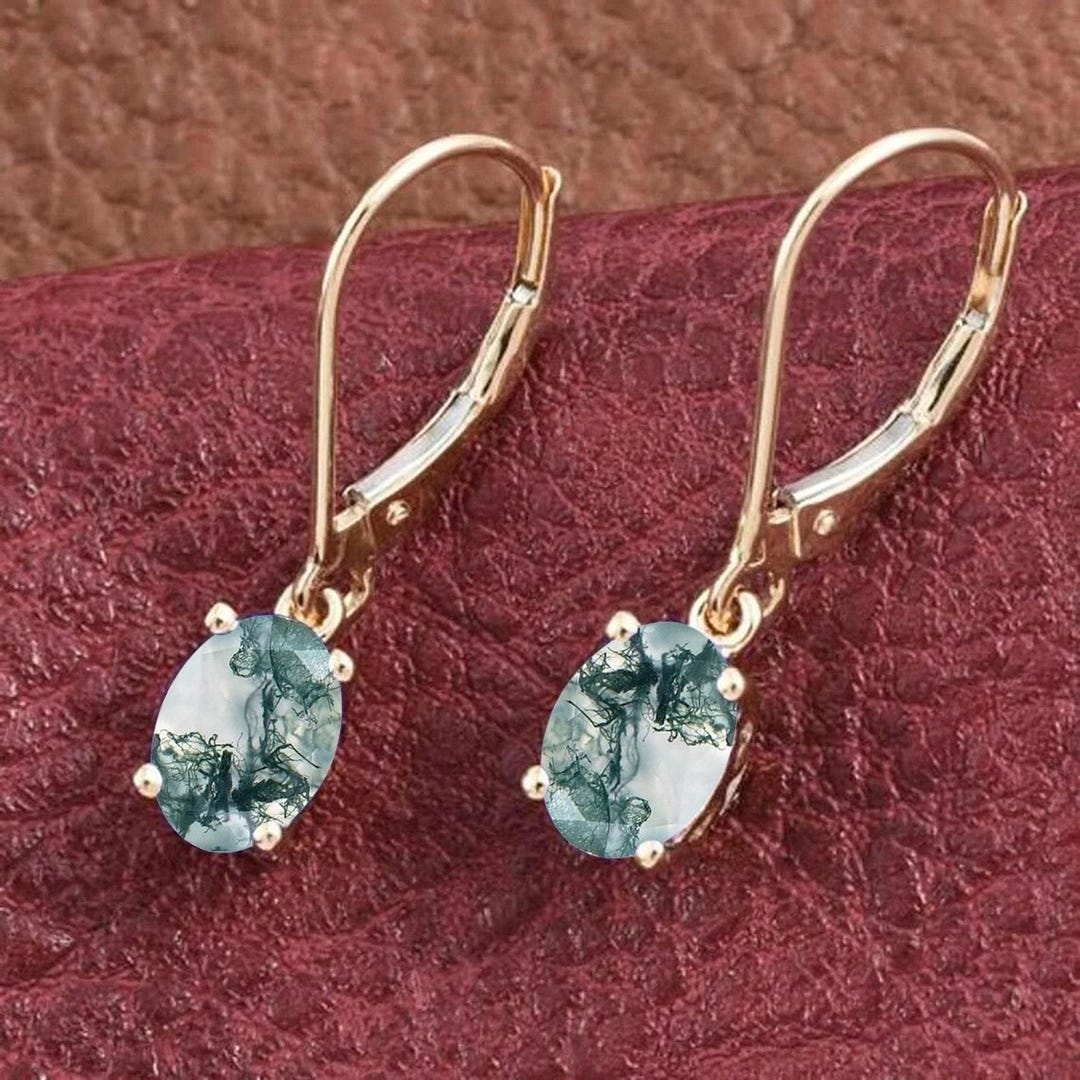 Moss Agate Earring, Moss Agate Dangle Earring, Oval Stone Earring, Moss ...