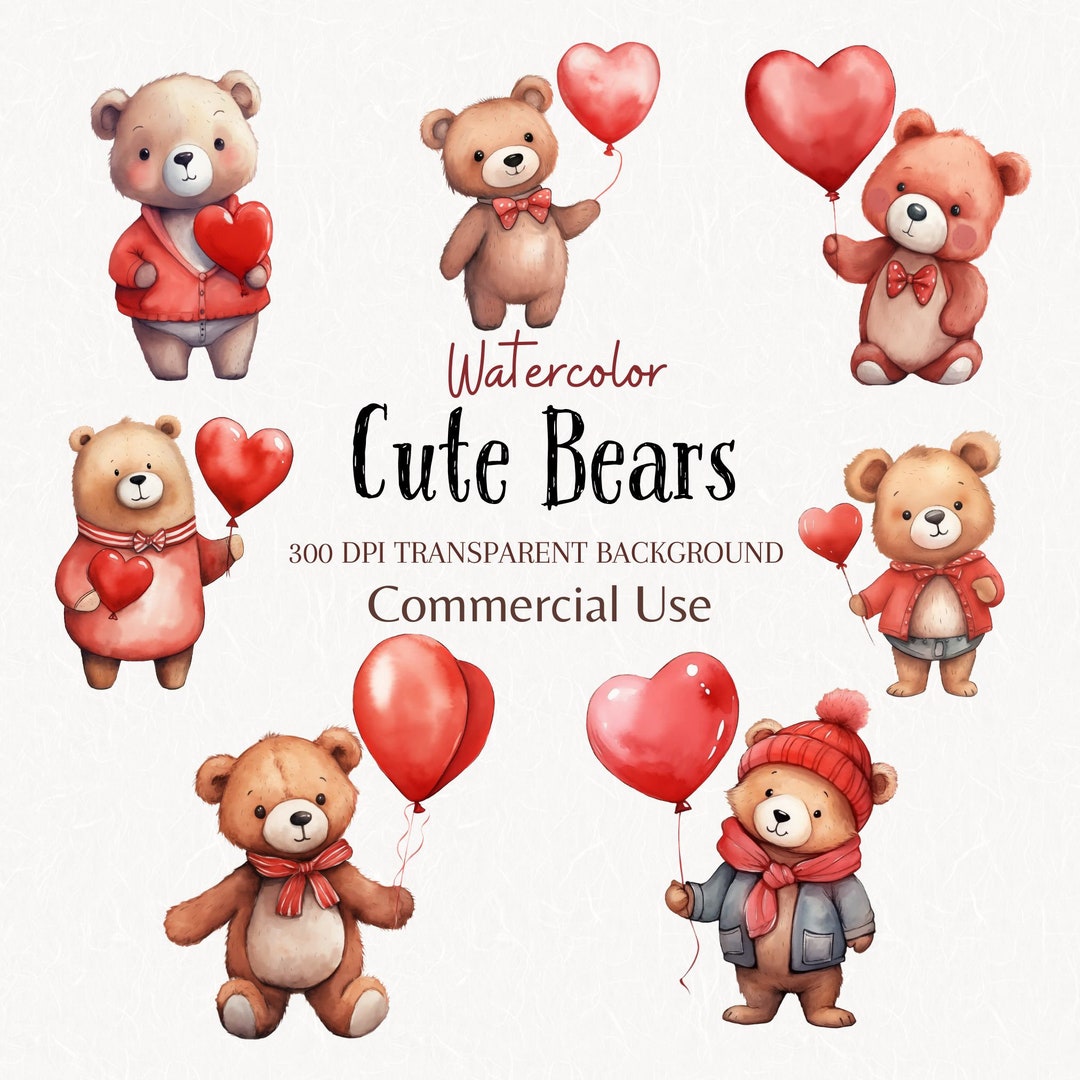 Watercolor Cute Bear Clipart. Valentine Day Bear Graphics. Cute Animal ...