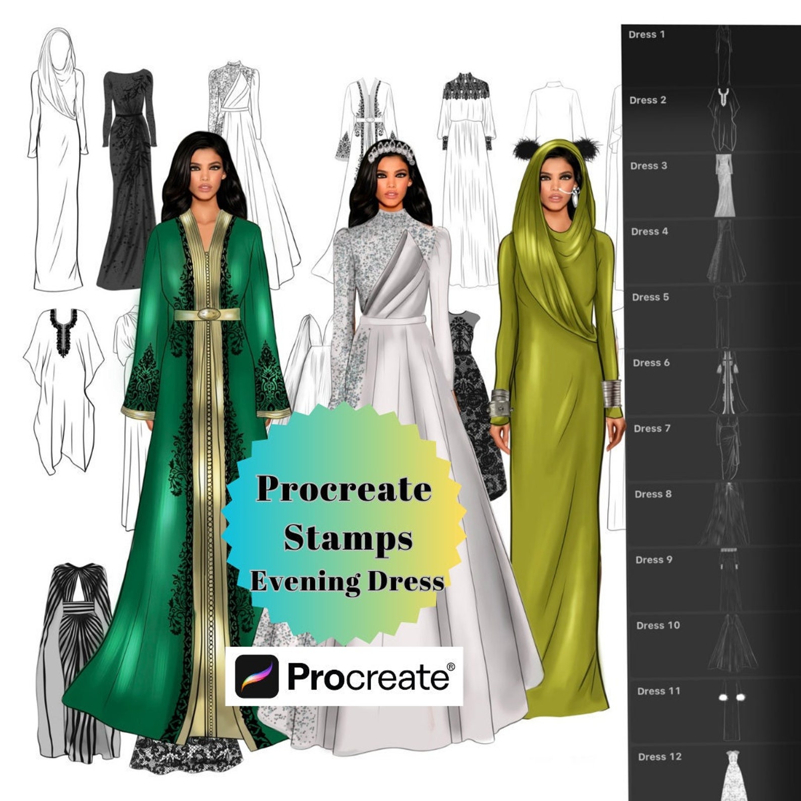 Procreate Stamps Evening Dress, Procreate Brushes Dress, Fashion Stamps ...