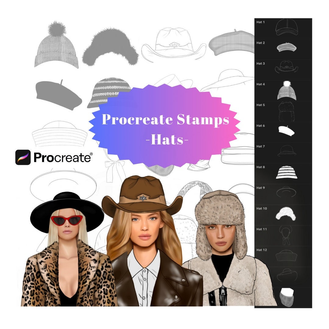 Procreate Stamps Hats, Stamps for Fashion Designs, 20 Hat Stamps, Hair ...