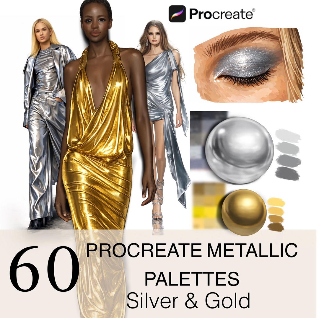 Silver & Gold Metallic Procreate Color Palette Set | 60 Colors | Chrome ...