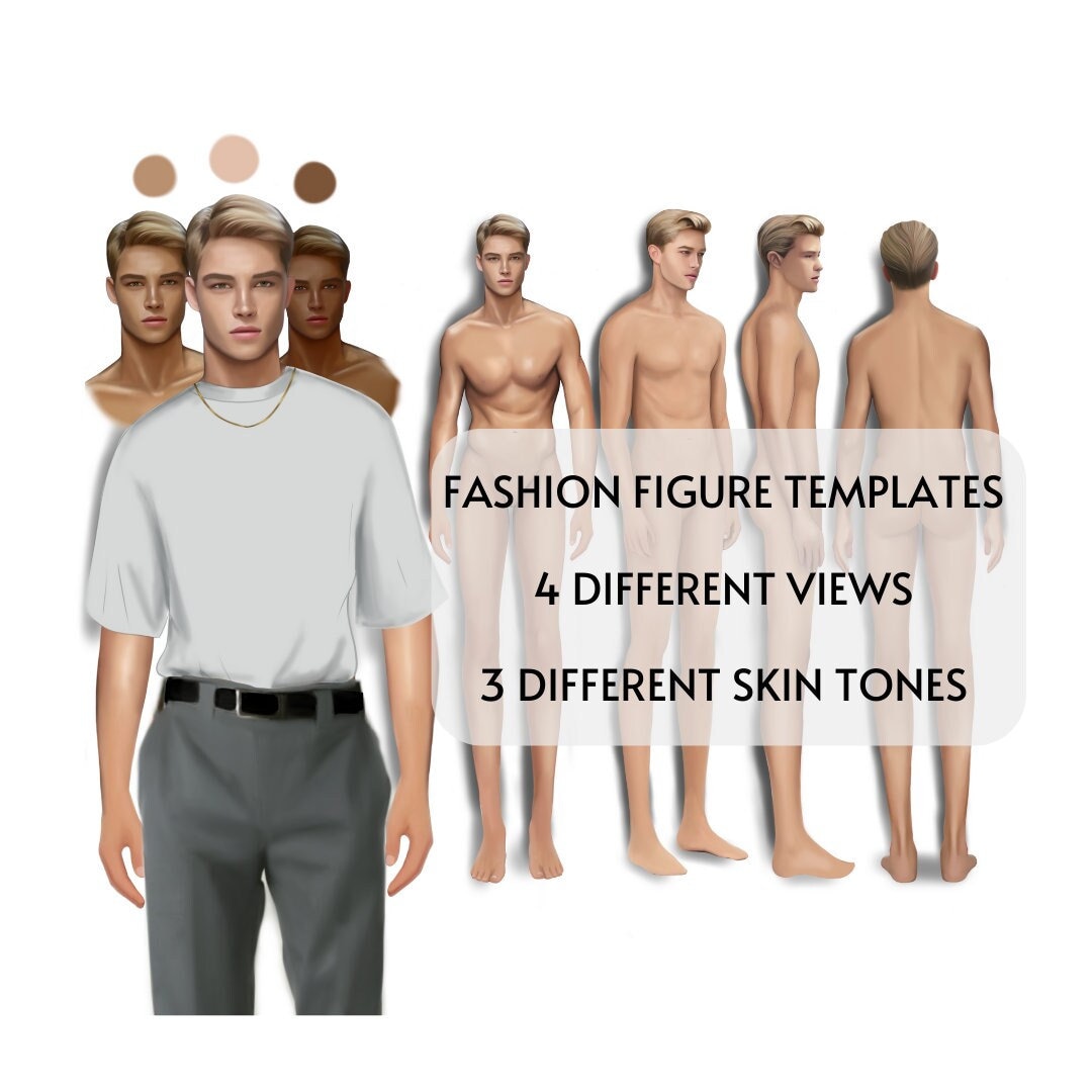 Male Fashion Croquis, 3 Skin Colors, 4 Different Views, 9-head Figure ...