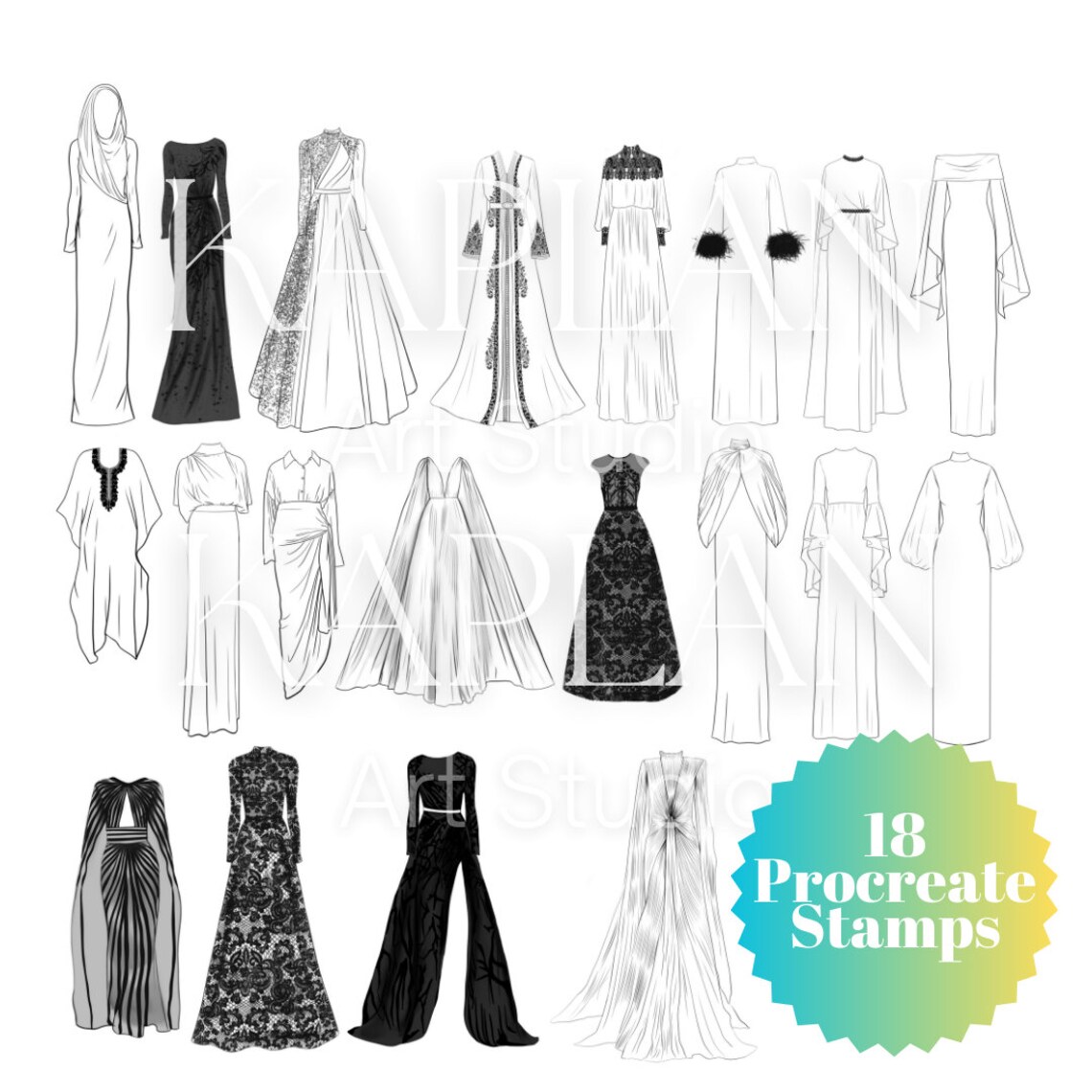 Procreate Stamps Evening Dress, Procreate Brushes Dress, Fashion Stamps ...