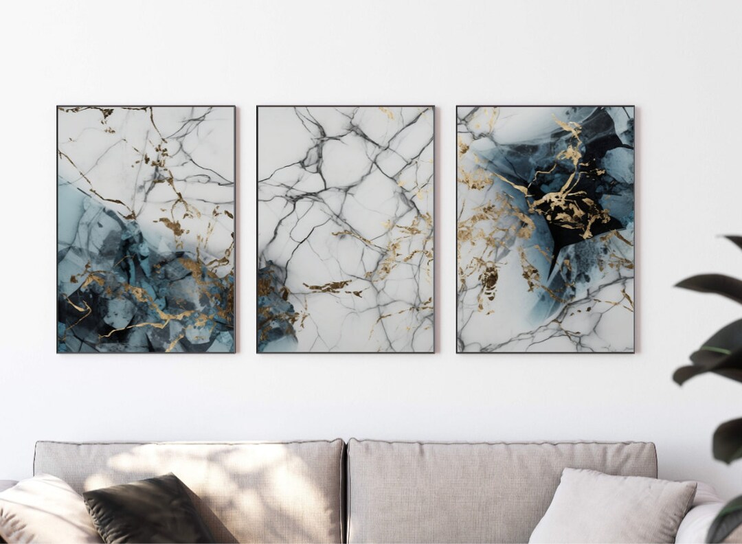 Set of 3 White and Gold Marble Prints, Abstract Wall Art, Marble ...