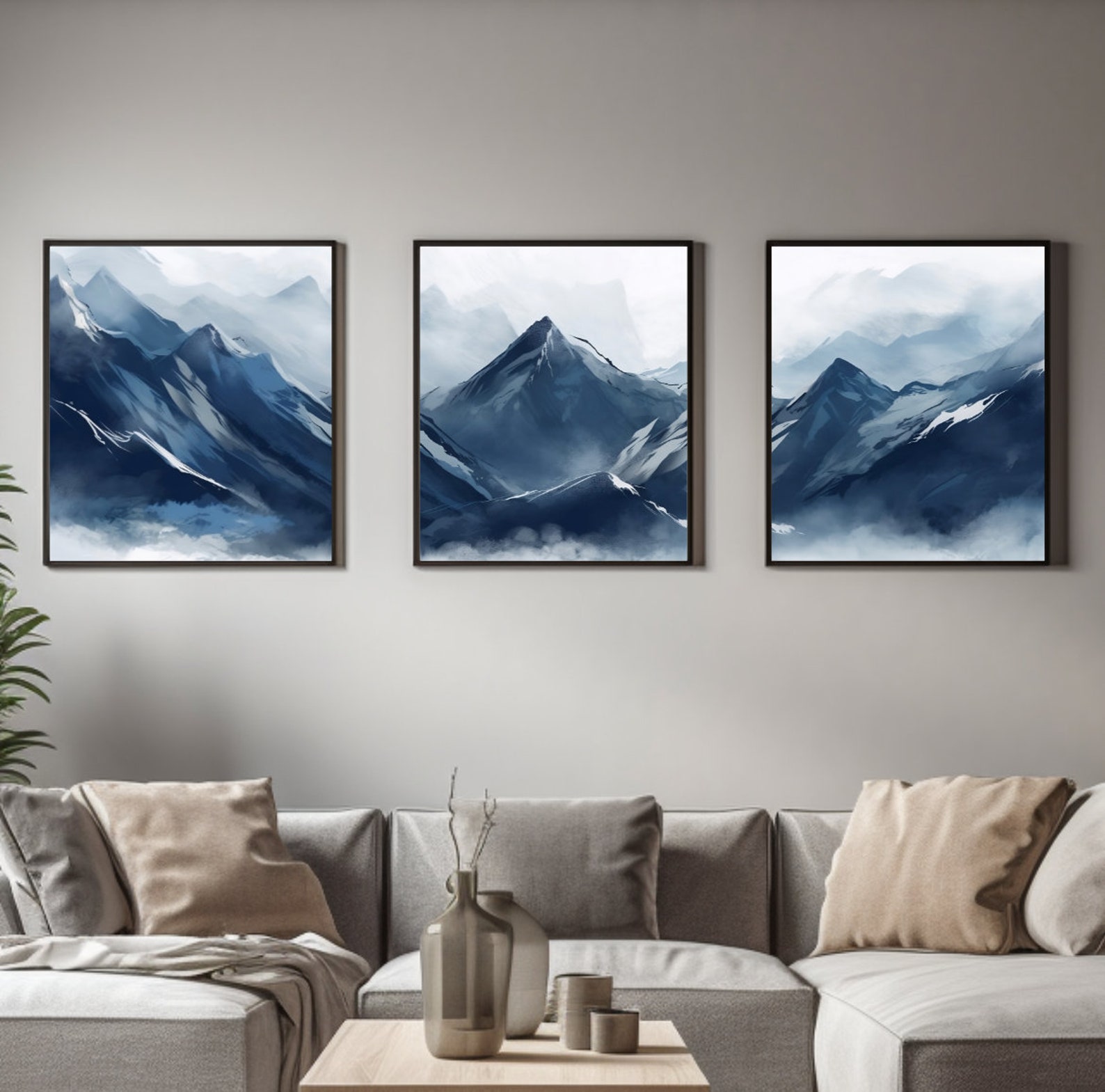Set of 3 Blue Mountain Abstract Prints, Abstract Wall Art, Landscape ...