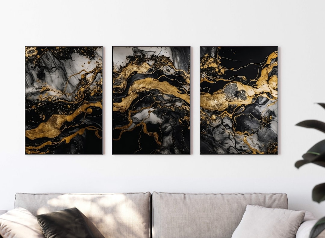 Set of 3 Black and Gold Marble Prints, Marble Wall Art, Marble Abstract ...