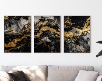 Set of 3 White and Gold Marble Prints, Abstract Wall Art, Marble ...