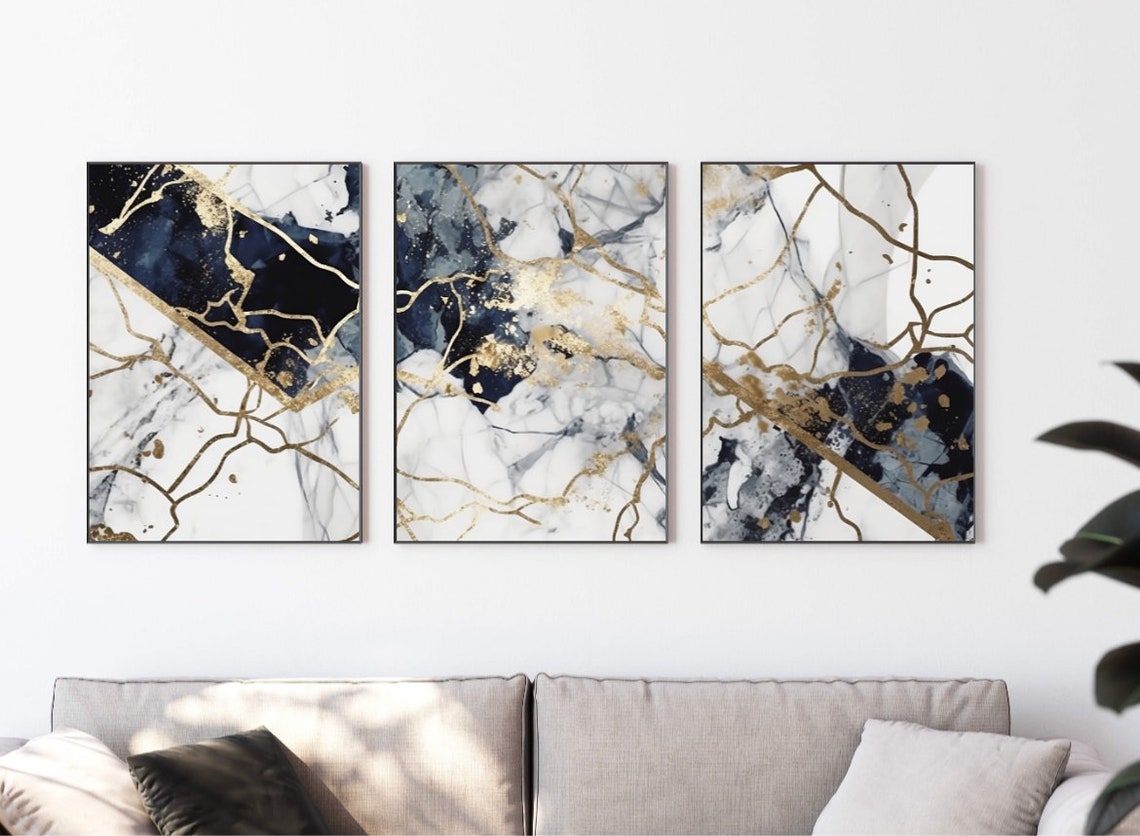 Set of 3 White and Gold Marble Prints, Marble Wall Art, Marble Abstract ...
