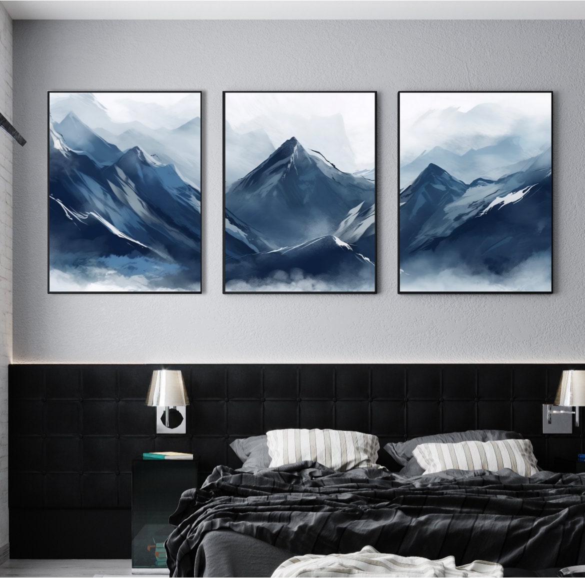 Set of 3 Blue Mountain Abstract Prints, Abstract Wall Art, Landscape ...