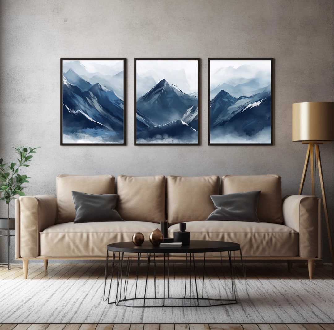 Set of 3 Blue Mountain Abstract Prints, Abstract Wall Art, Landscape ...