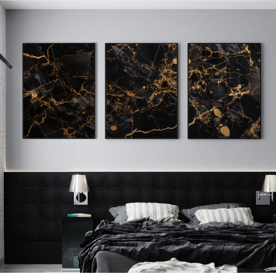 Set of 3 Black and Gold Marble Prints, Marble Wall Art, Marble Abstract ...