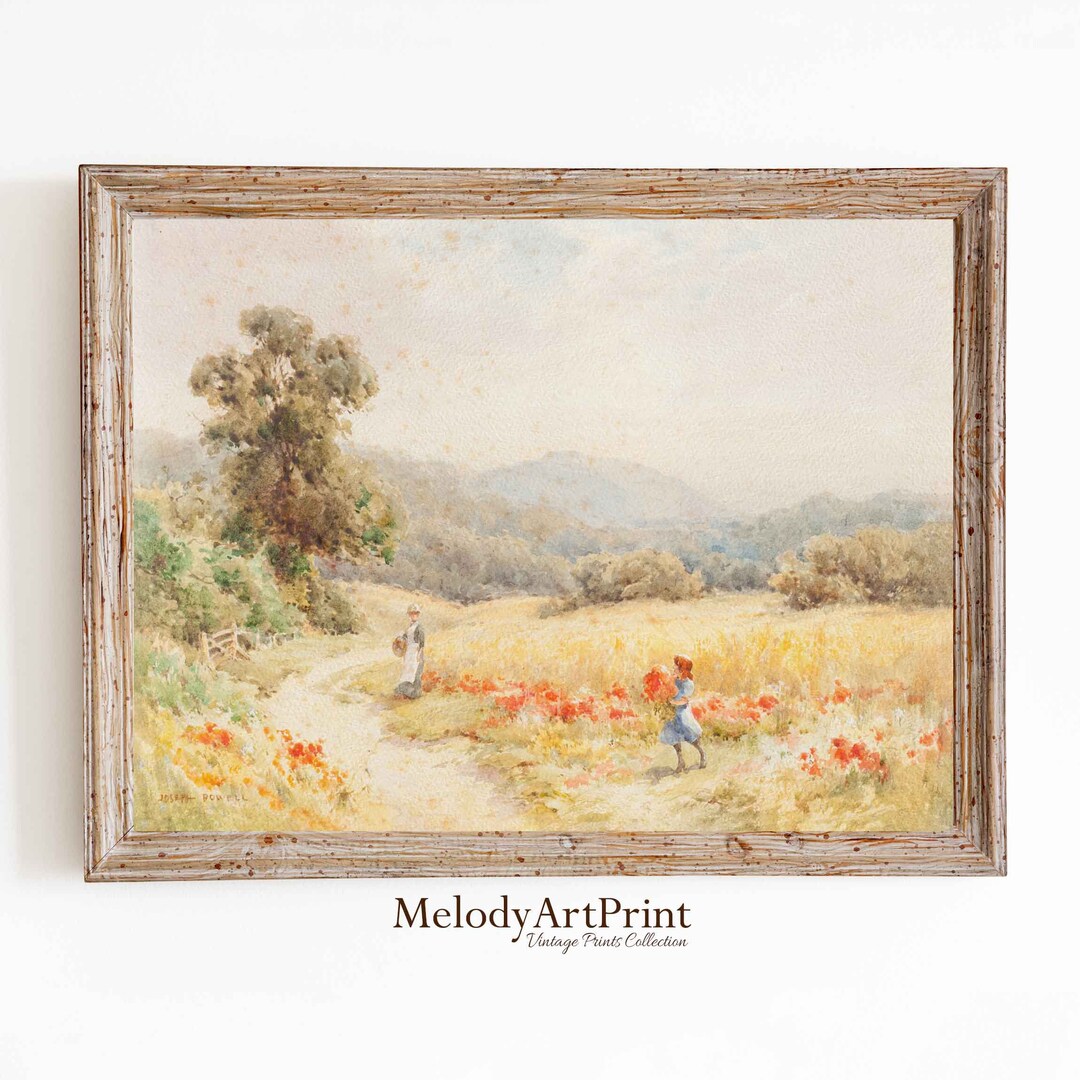 Landscape Vintage Print, Field With Flowers, Farmhouse Decoration ...