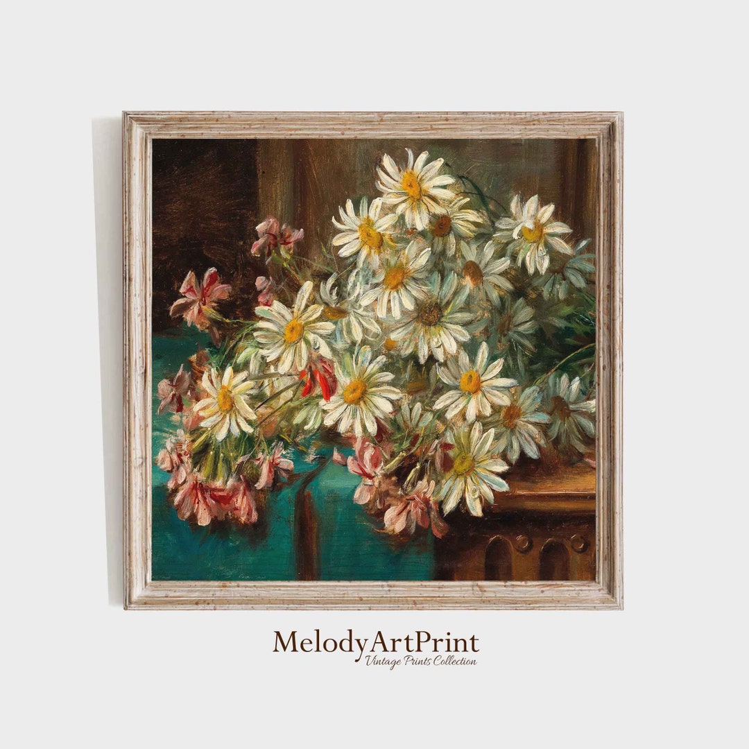 Square Printable Vintage Daisy Print, Floral Oil Painting, White ...