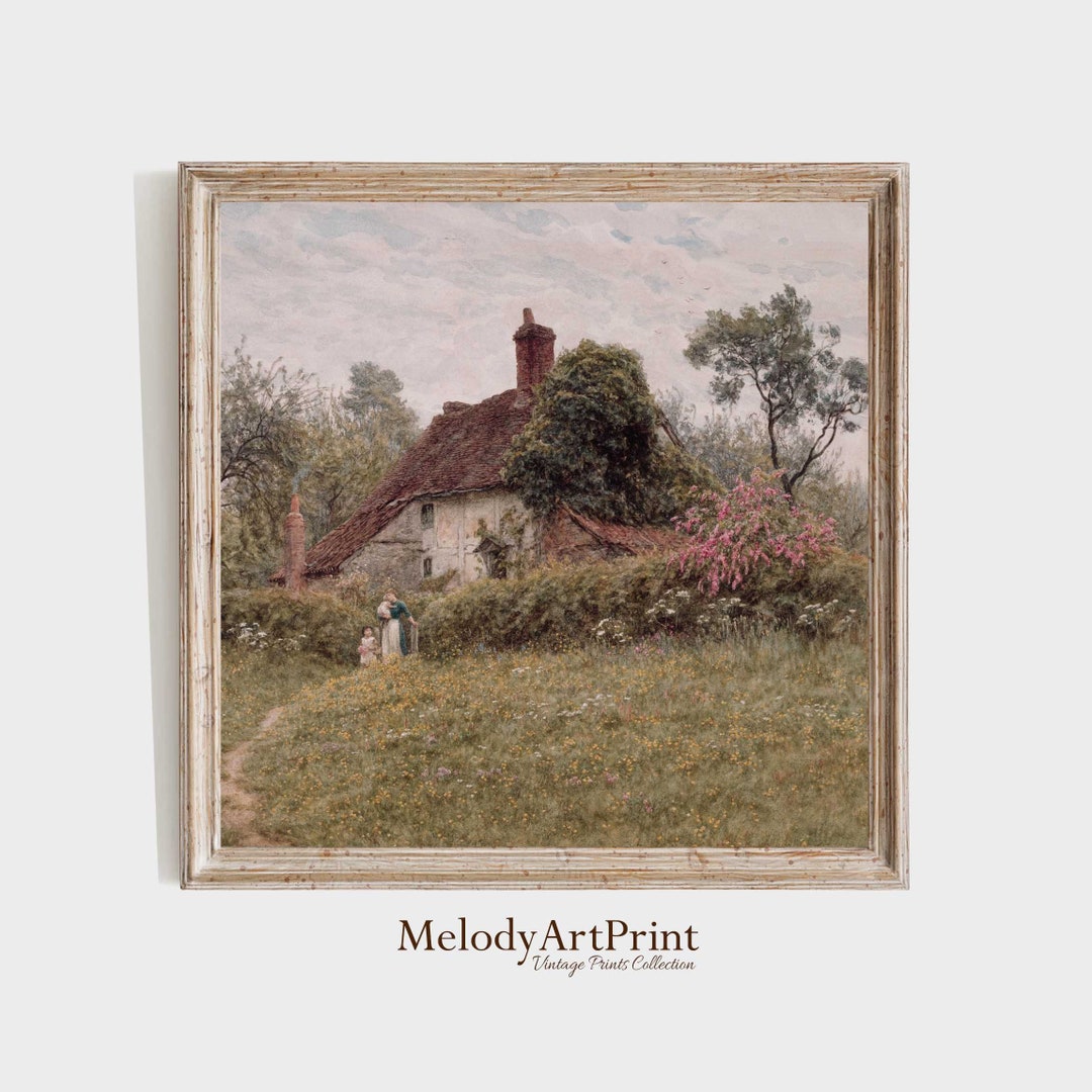 Square Cottage Landscape Print, Vintage Garden Wall Decor (digital ...