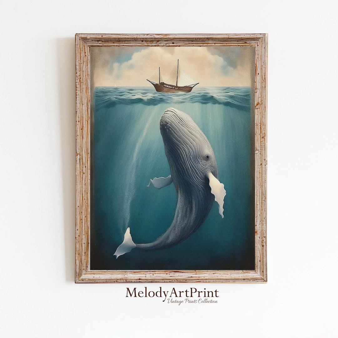 Whale and Ship, Ship in Ocean, Vintage Ship Poster, Giant Whale Art ...