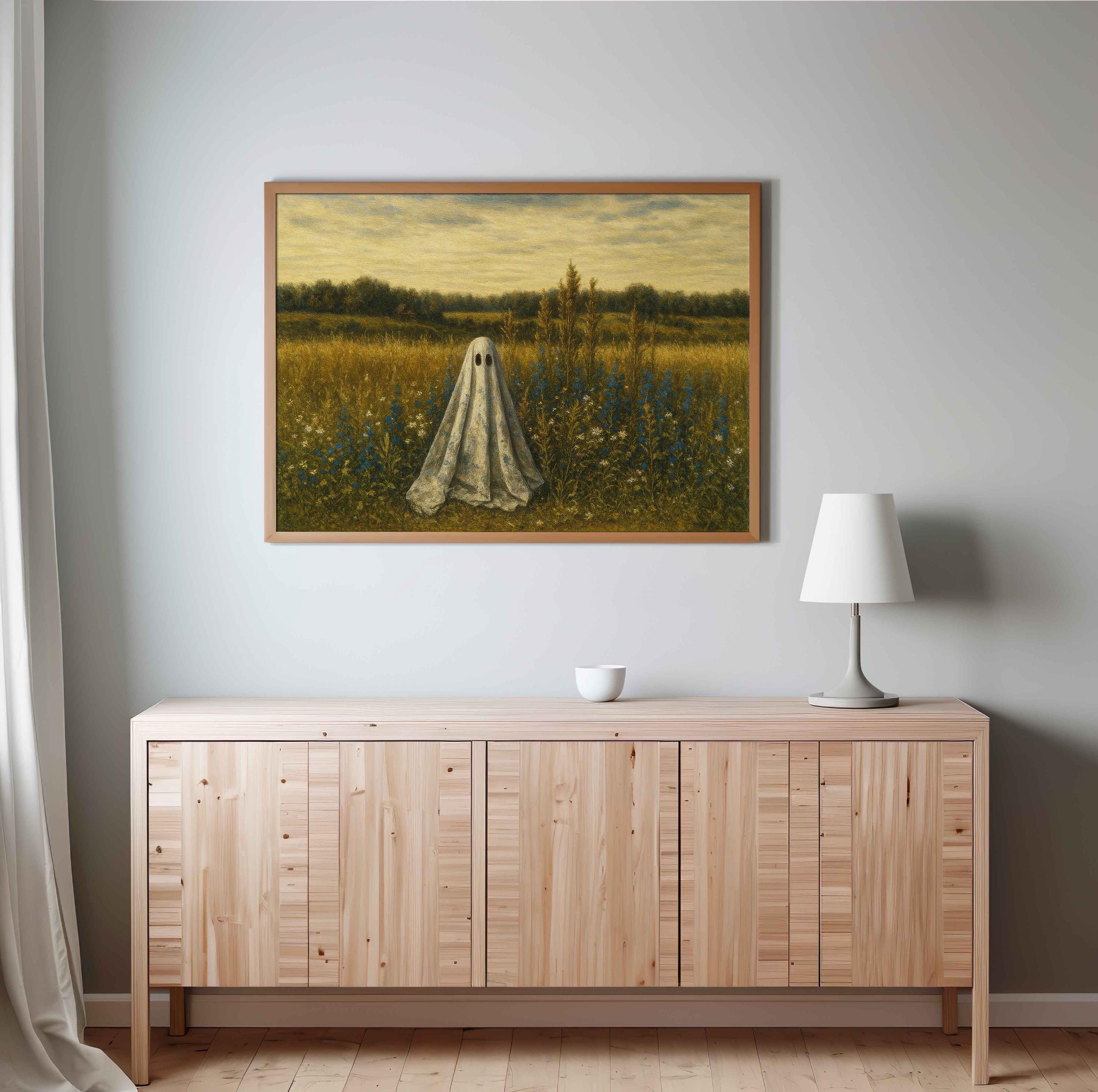 Ghost in Meadow Vintage Halloween Art Print | Spooky Autumn Decor ...
