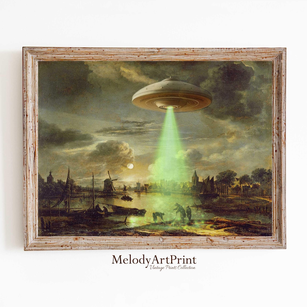 Altered Vintage Coastal Landscape Print, Ufo Art, Alien Abduction ...