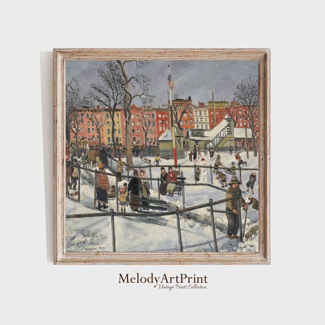 Winter in Old New York Square Wall Art, Winter City Art Square Painting ...