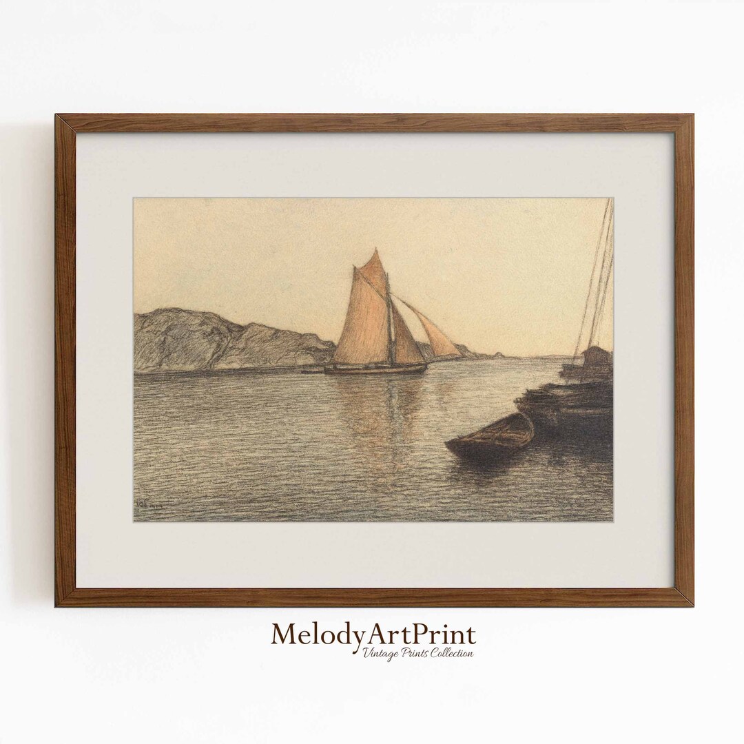 Boat Seascape Drawing Vintage Digital Download | Ocean Artwork ...