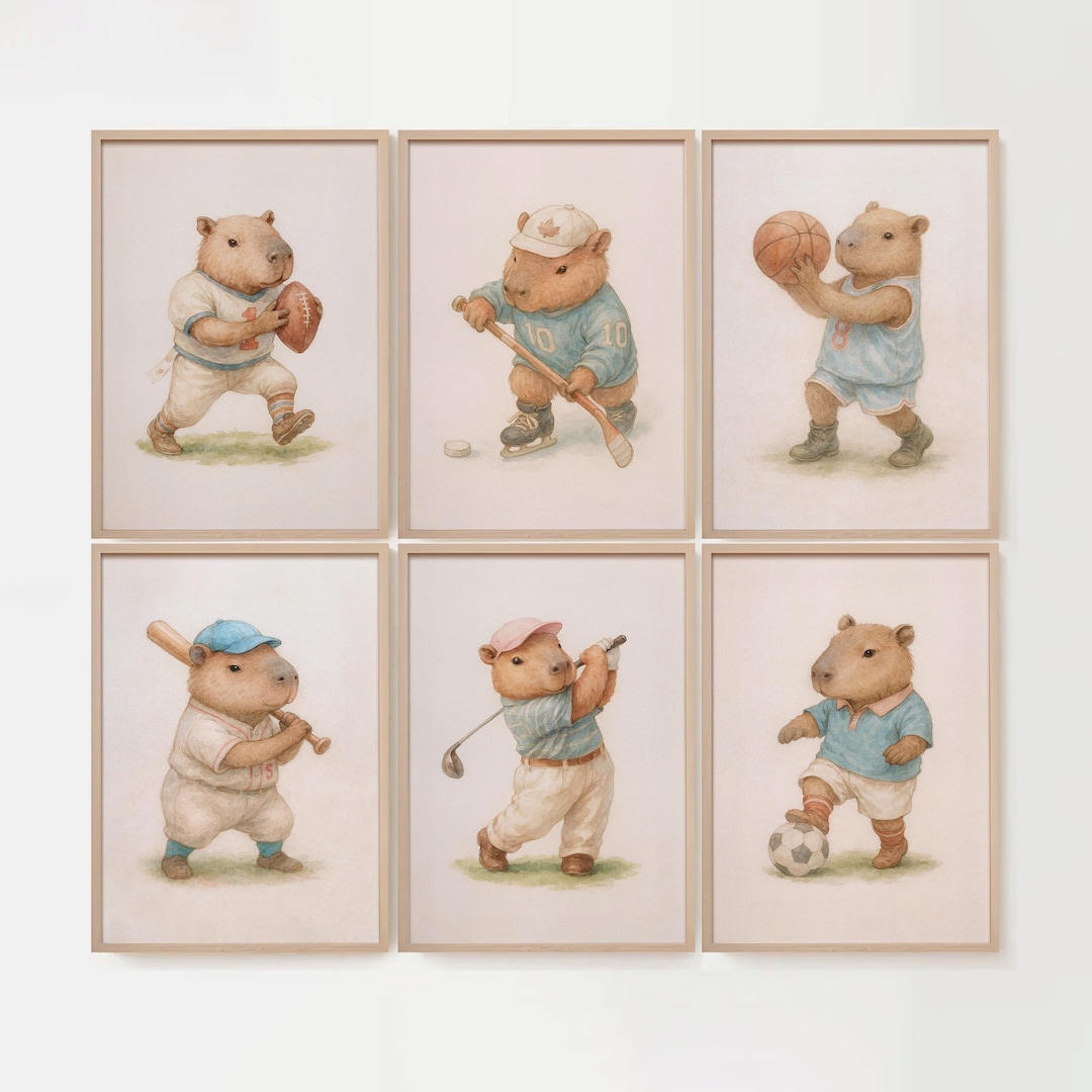 Capybara Sports Nursery Wall Art, Baby Boy Printable Decor Set of 6 ...