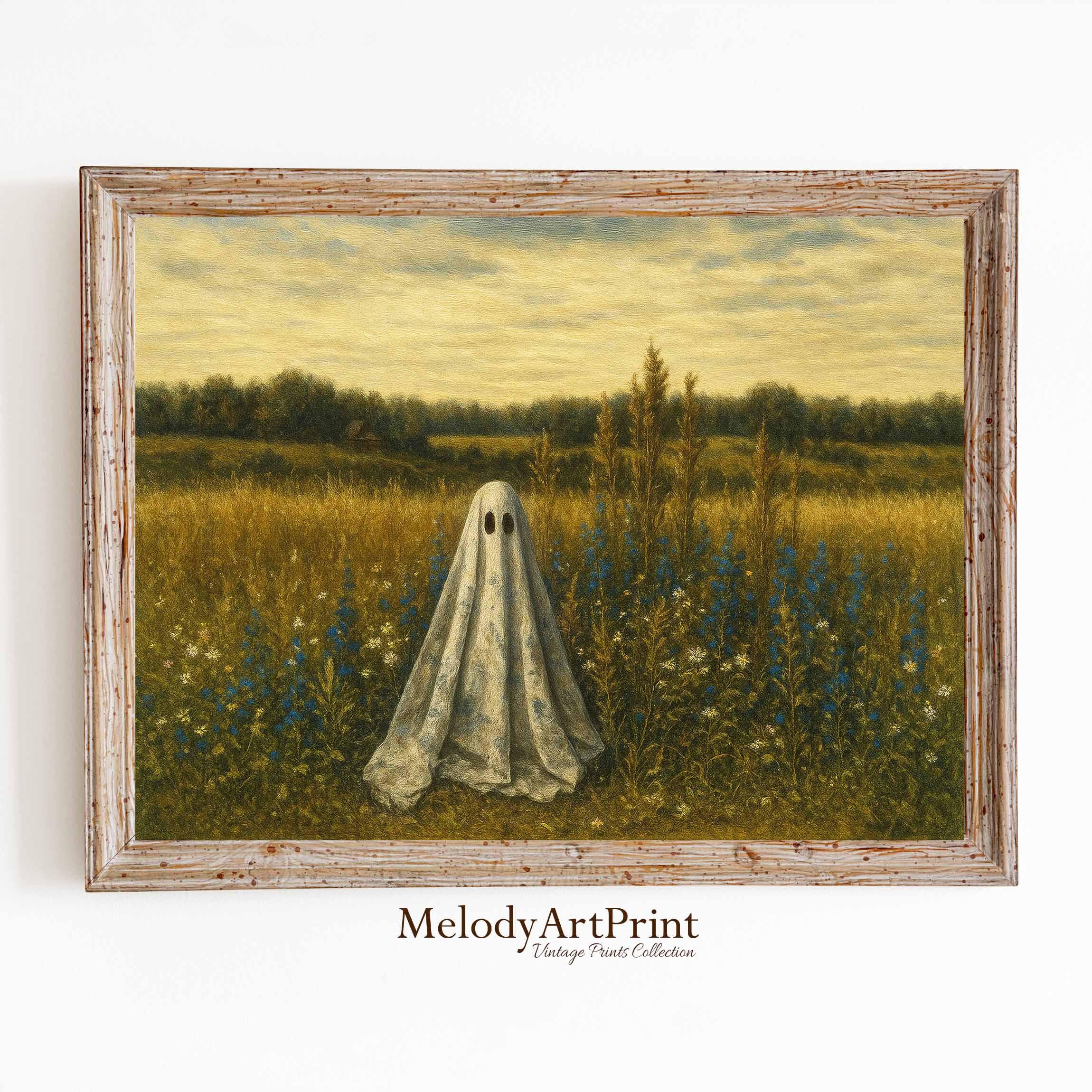 Ghost in Meadow Vintage Halloween Art Print | Spooky Autumn Decor ...