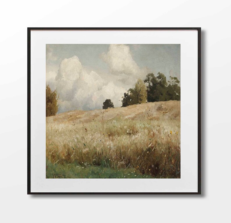 Square Printable Cornfield Painting, Vintage Landscape Square Print, Country Meadow Wall Print ...